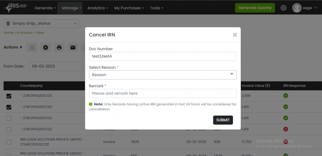 Cancelling E-invoice - IRIS IRP
