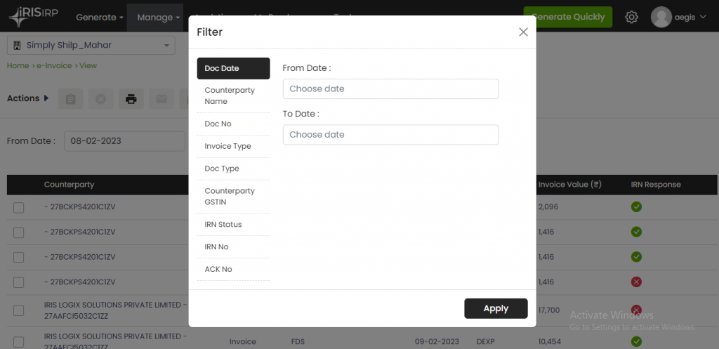 Viewing E-invoices - IRIS IRP
